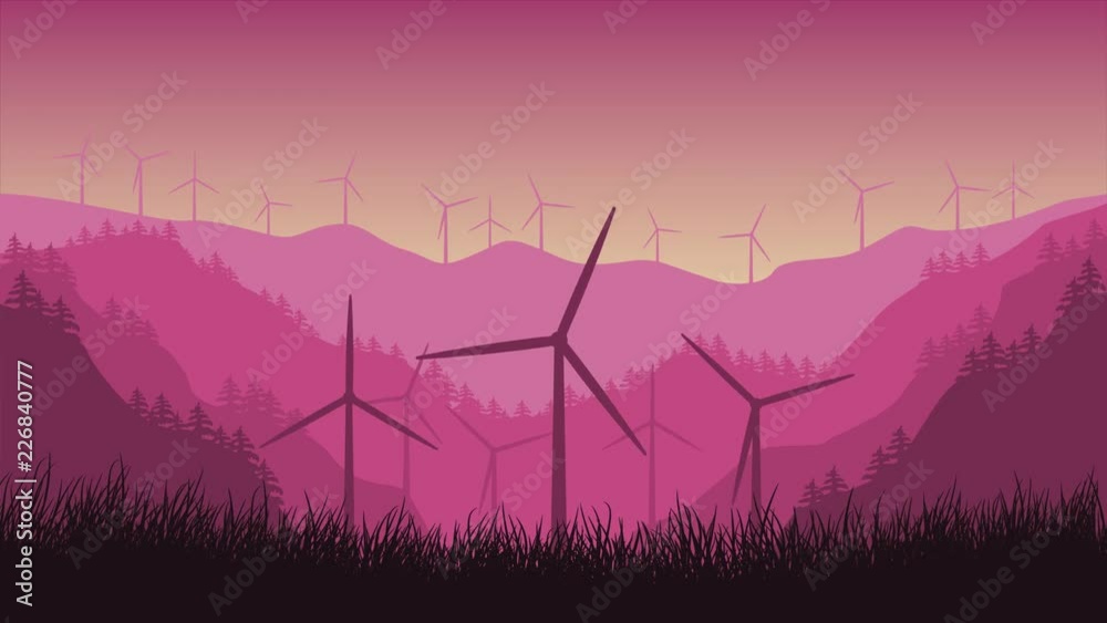 Wind turbines cartoon flat animation on a mountains background in the ...