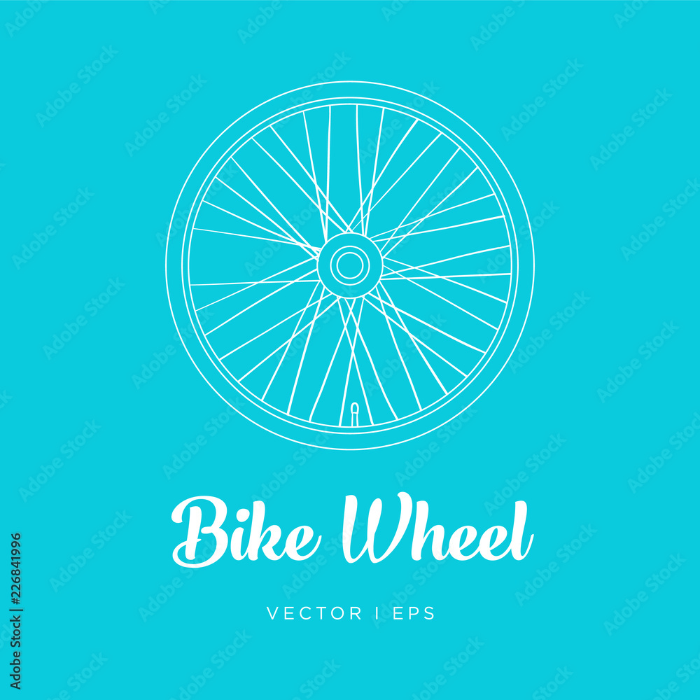 Lovely romantic bike wheel, blue background. Outline hand drawn ...