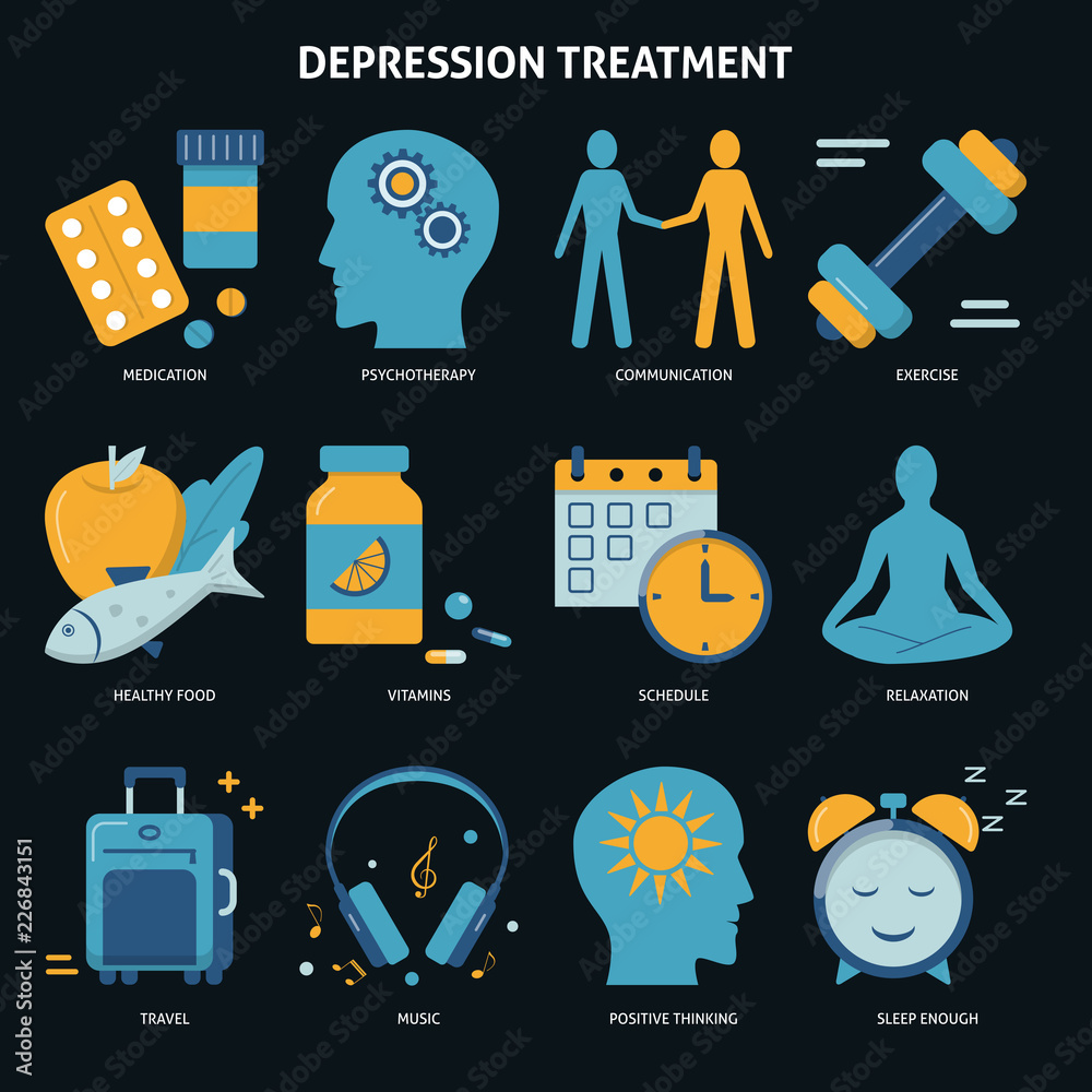 Depression treatment concept icons set in flat style Stock Vector ...