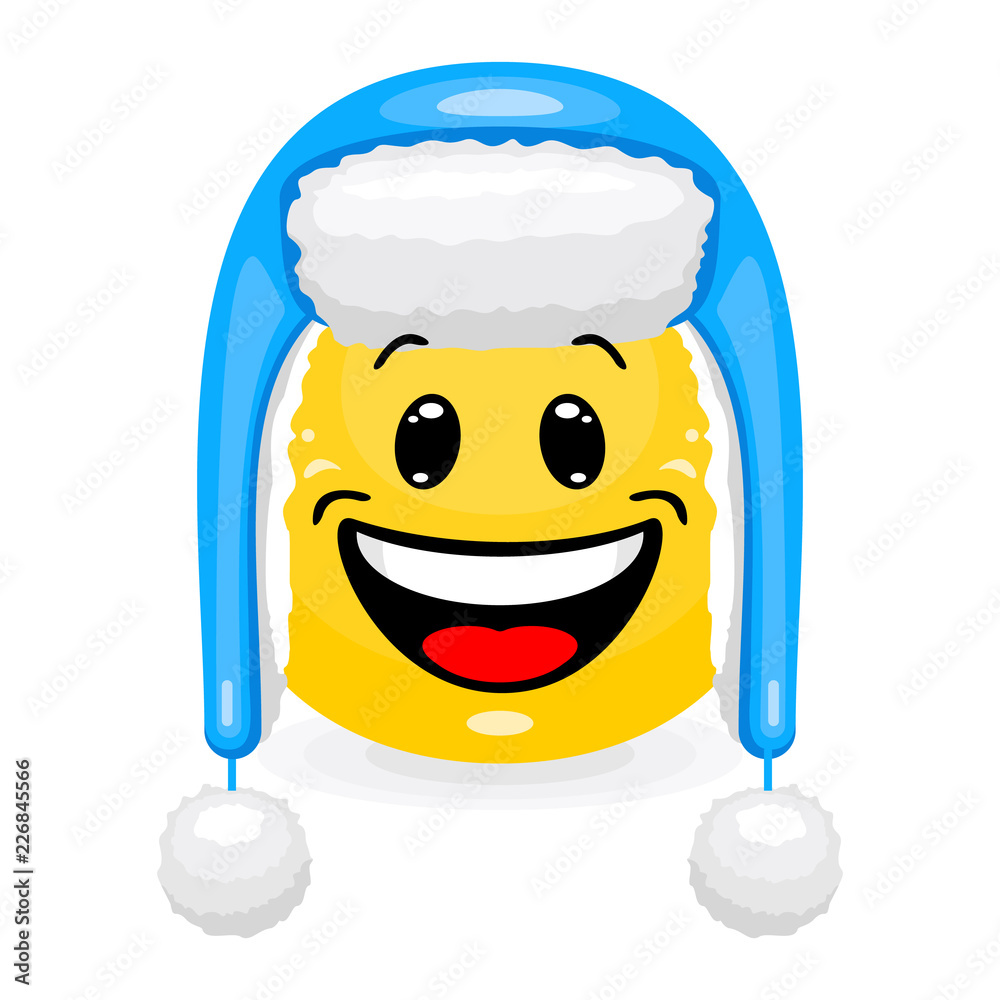 Emoticon wearing winter clothes. Smiling face in hat in cartoon style ...