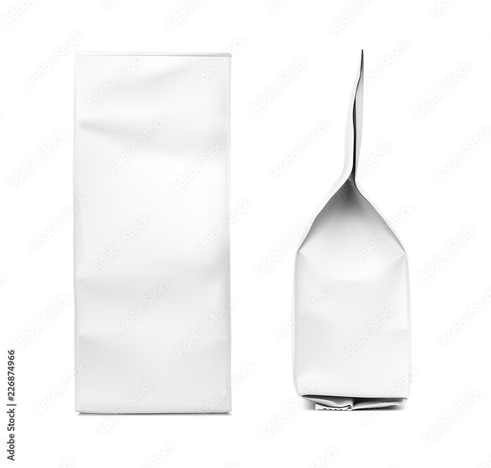 Realistic vertical bag. Packaging from different angles. Front and side ...