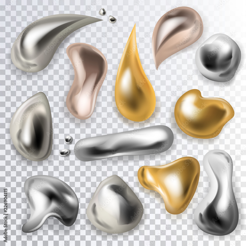 Metal drop vector metallic liquid droplet silver realistic splash and ...