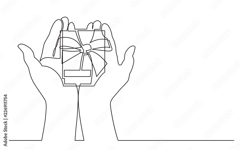 continuous line drawing of two hands holding gift box with ribbon Stock ...