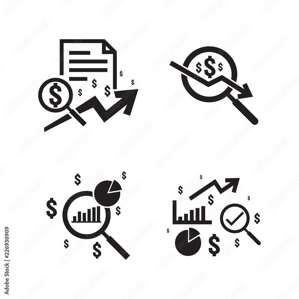 Business analysis icon. symbol with magnifying glass. dollar increase ...
