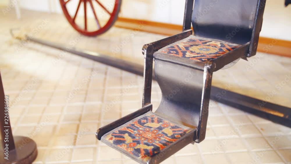 Horse carriage steps foldable stairs close-up 4K. Dolly slide long shot ...