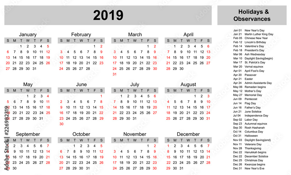 Simple calendar template for 2019 year with holidays and observances ...