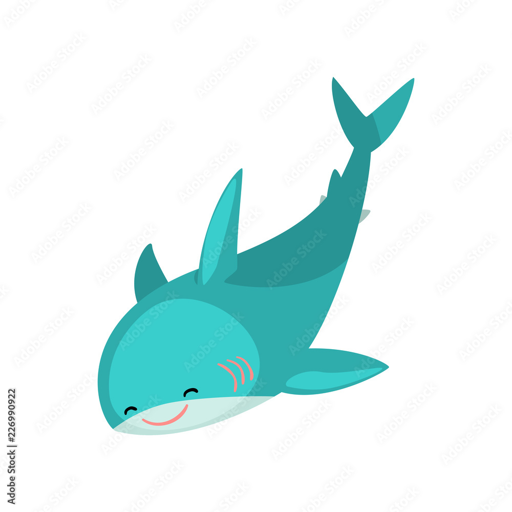 Cute friendly blue shark cartoon character vector Illustration on a ...