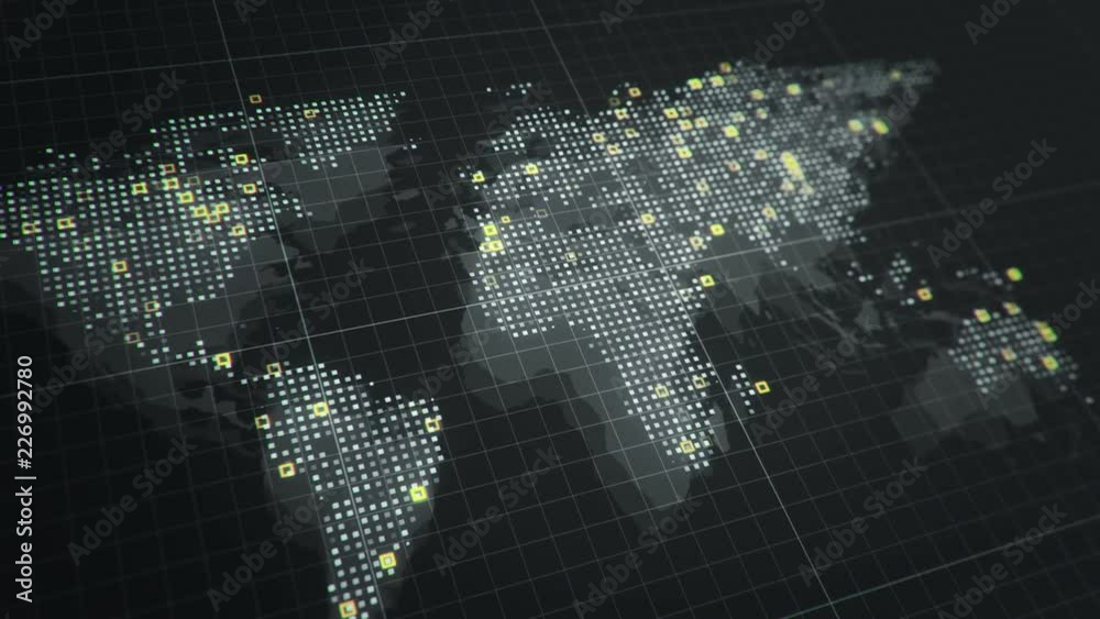 Abstract animation of World map in digital screen with colorful dots ...