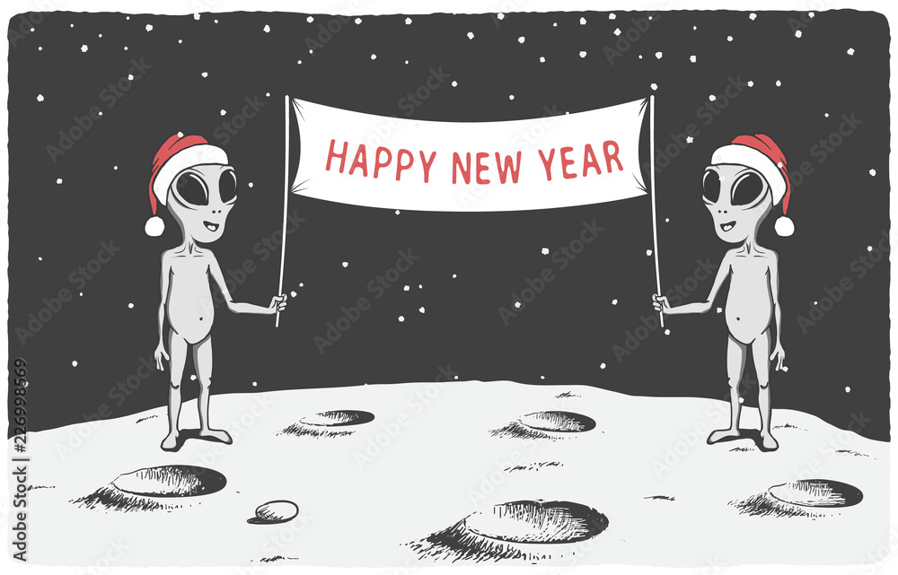 aliens congratulate us happy new year with a banner on Moon. Space ...