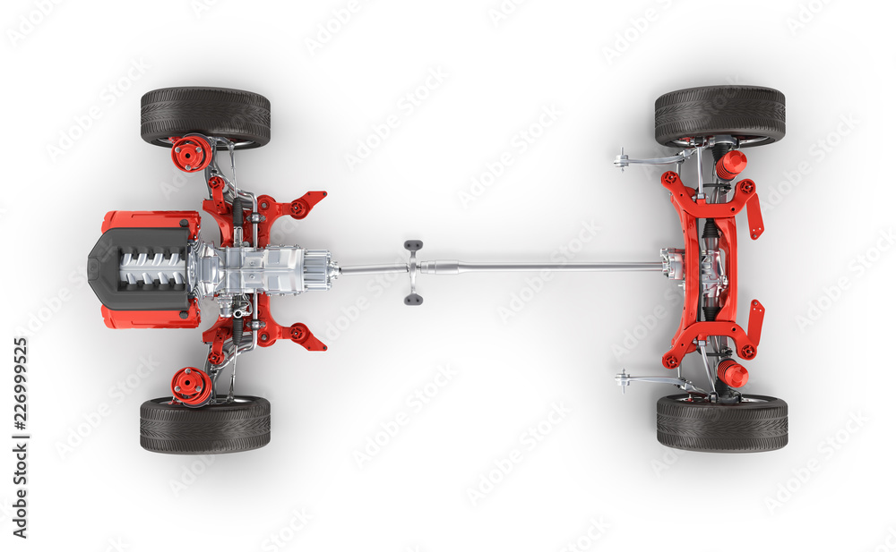 Suspension of the car with wheel and engine Undercarriage in detail top ...