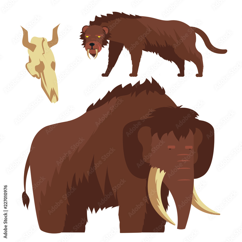 Stone age animals. Mammoth and saber-toothed tiger vector illustration ...