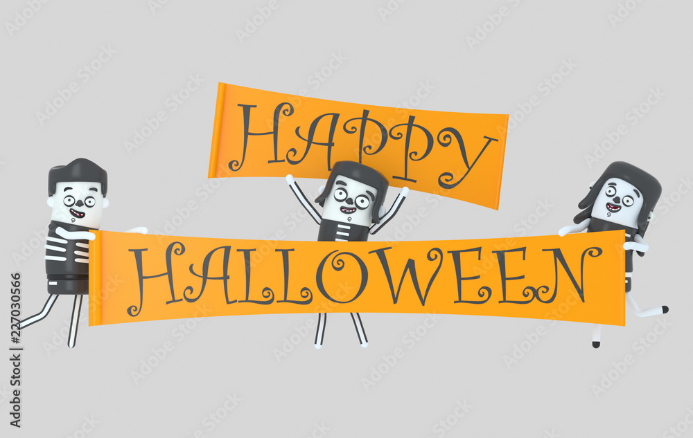 Young people in costumes holding trick on treat letters. Halloween ...