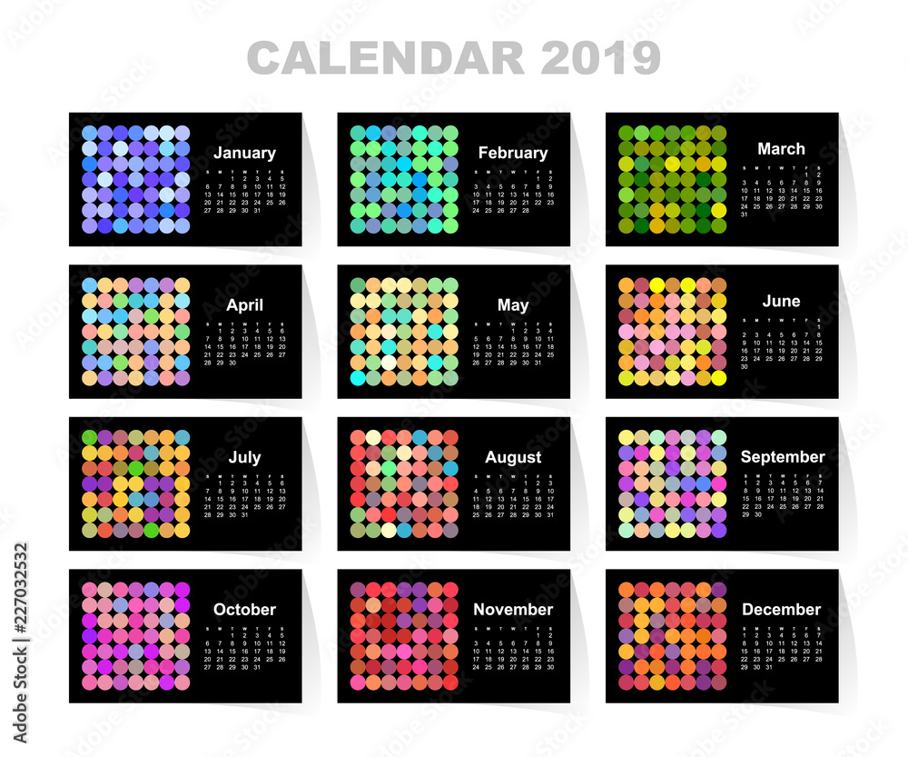 Calendar for 2019 year. Colorful vector set. Week starts on sunday ...