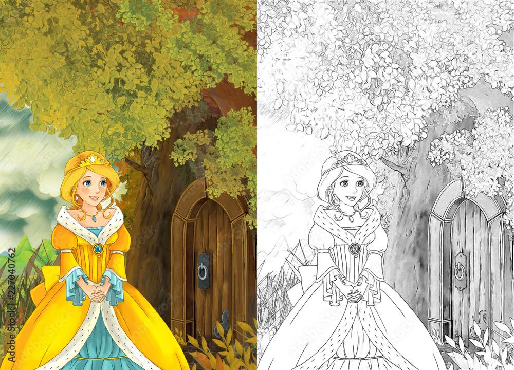 cartoon fairy tale scene with beautiful princess standing near ...