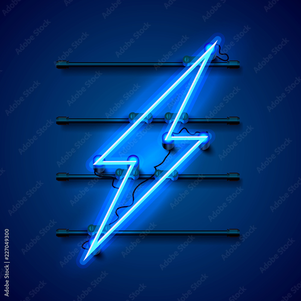 Neon sign of lightning signboard on the blue background. Vector ...