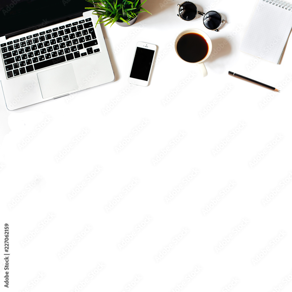 Work place in flat lay style. Modern white office desk table with ...