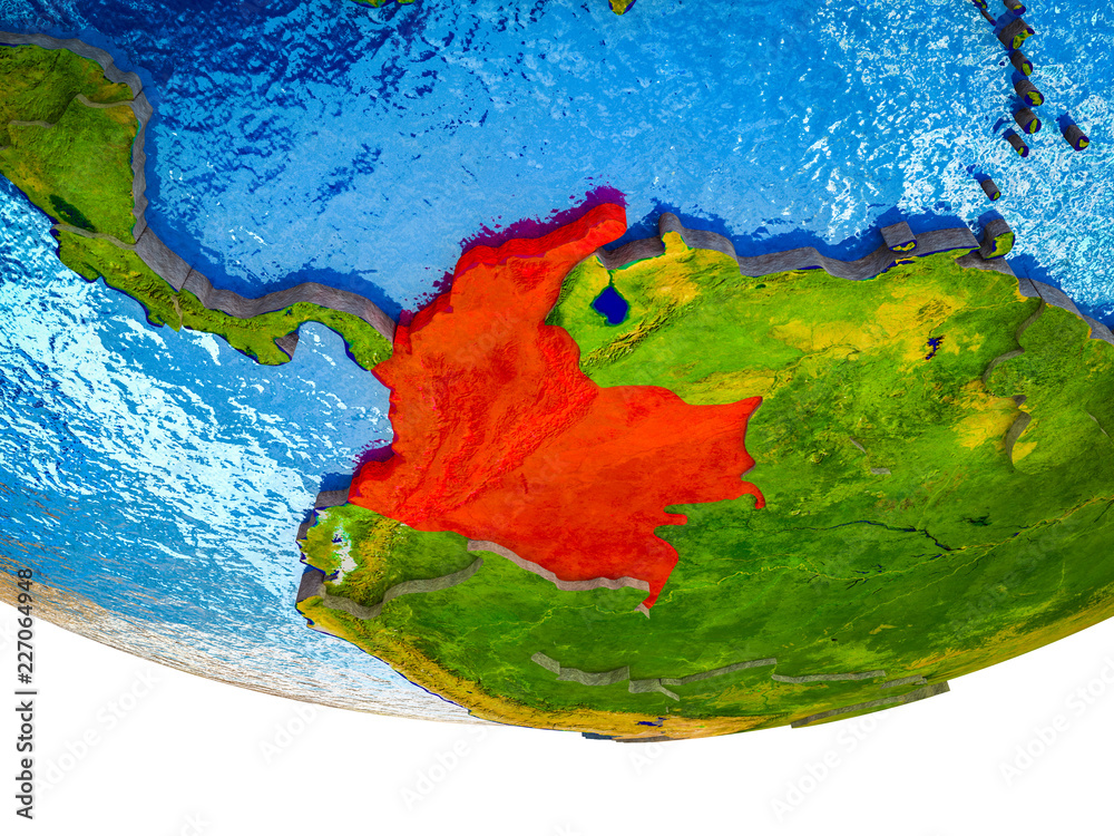 Colombia on 3D Earth with divided countries and watery oceans. Stock ...