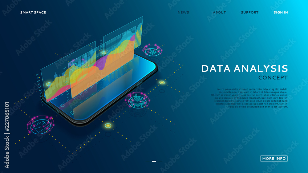 Data analysis landing page. 3d vector illustration with finance graphs ...