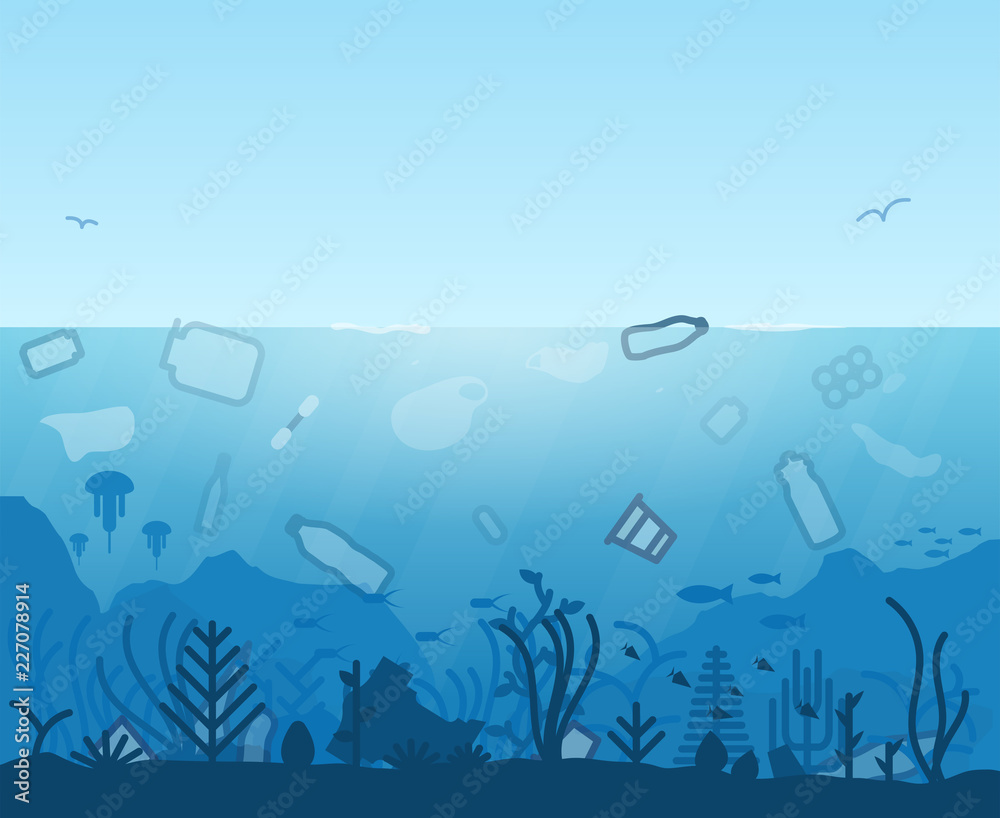 Plastic world ocean pollution. Garbage in sea. Plastic bottles and ...
