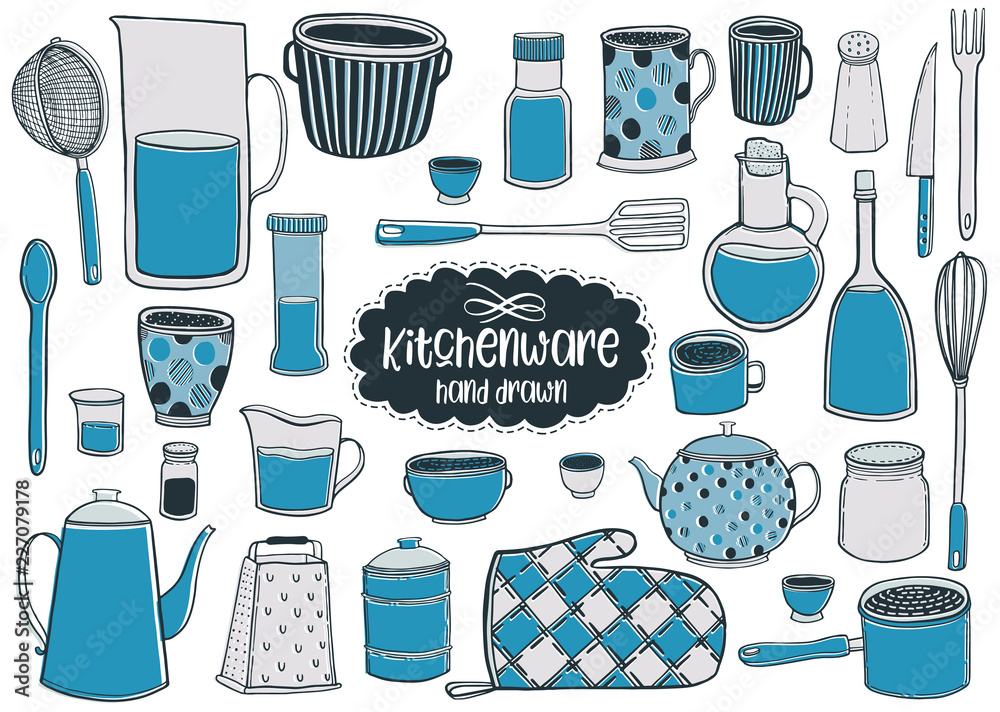 Set of kitchenware and utensils hand drawn vector illustrations modern ...