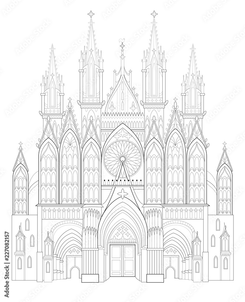 Fantasy drawing of medieval Gothic castle. Black and white page for ...
