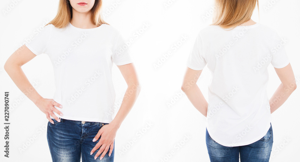 Front and back views of pretty woman, girl in tshirt on white ...