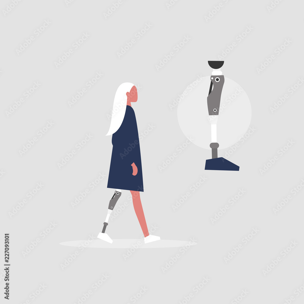 Young female character with prosthetic lower limb. Modern disabled ...