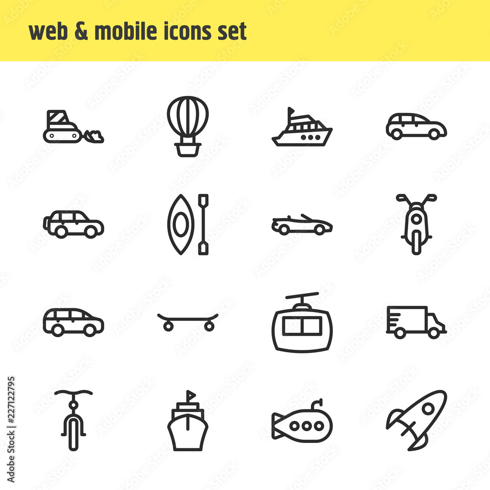 Vector illustration of 16 transit icons line style. Editable set of ...