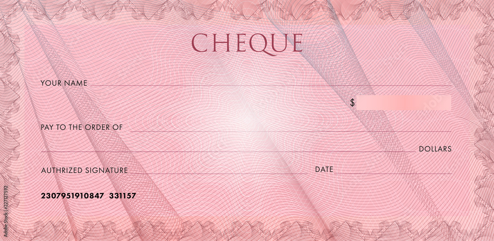 Check template, Chequebook template. Blank pink business bank cheque ...
