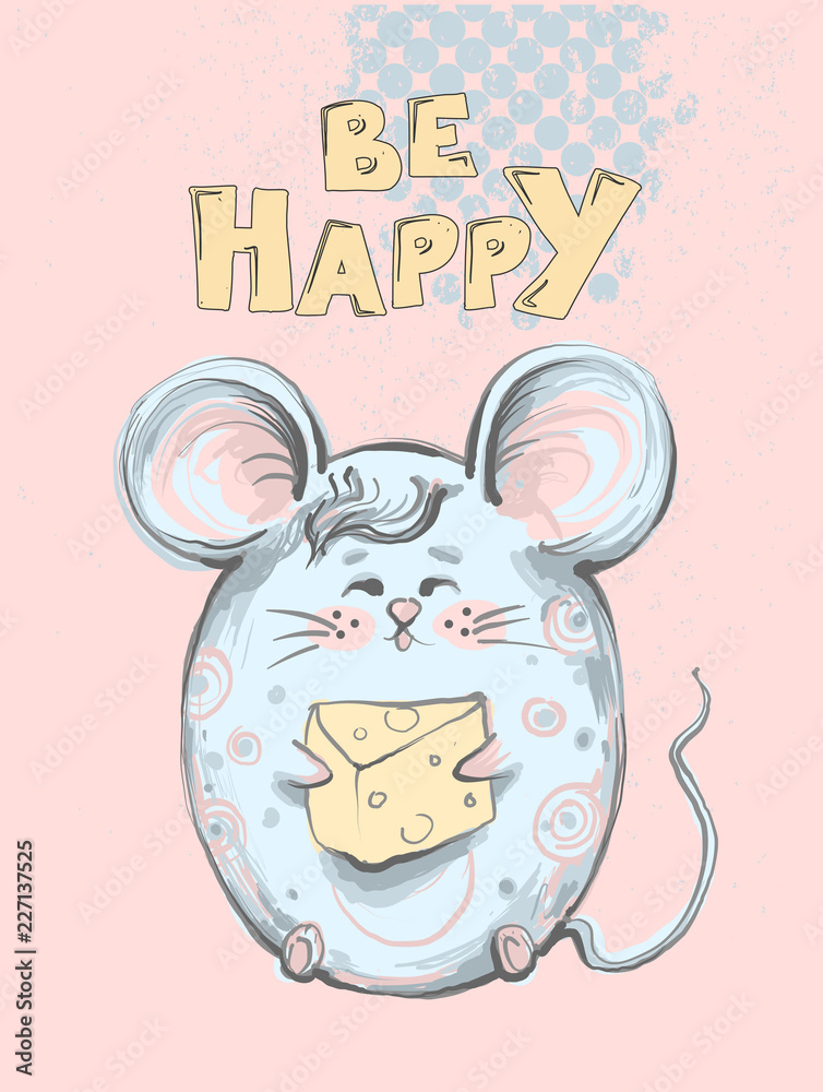 Cute and funny fat mouse with big ears holding cheese and smiling ...
