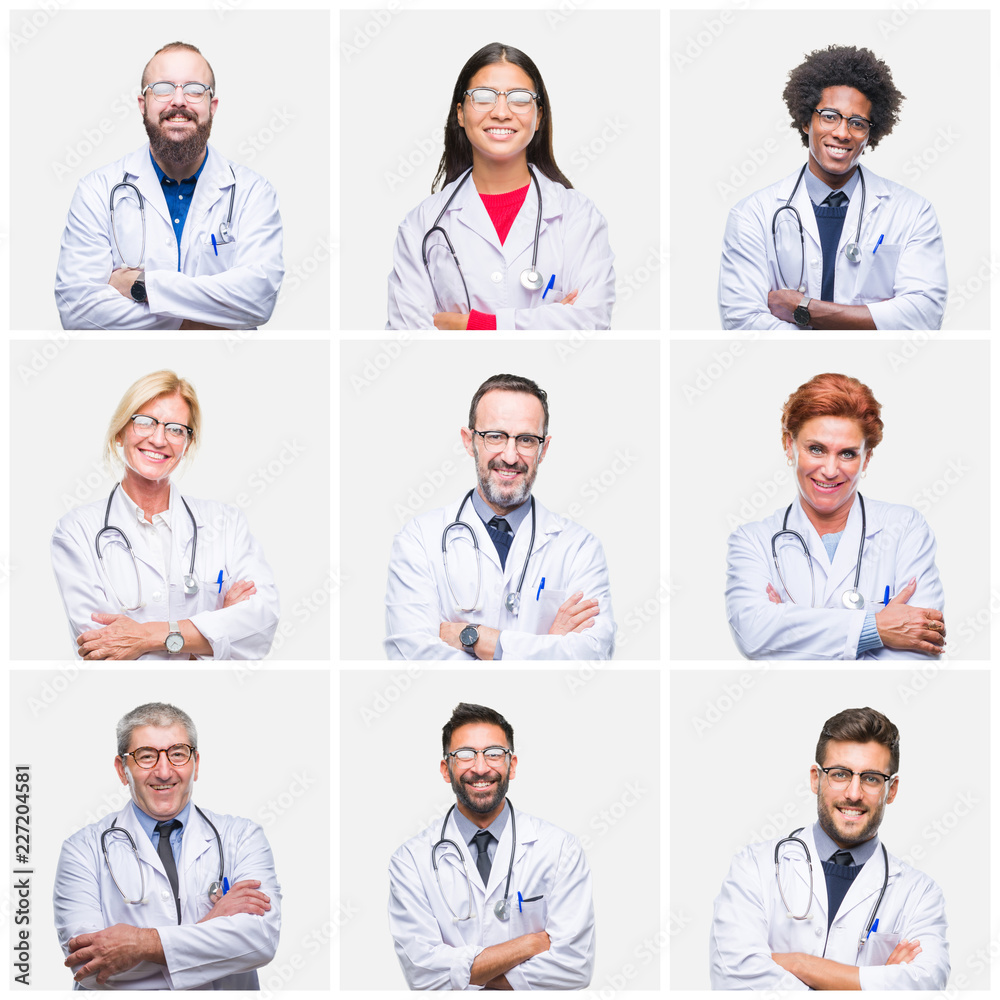 Collage of group of doctor people wearing stethoscope over isolated ...