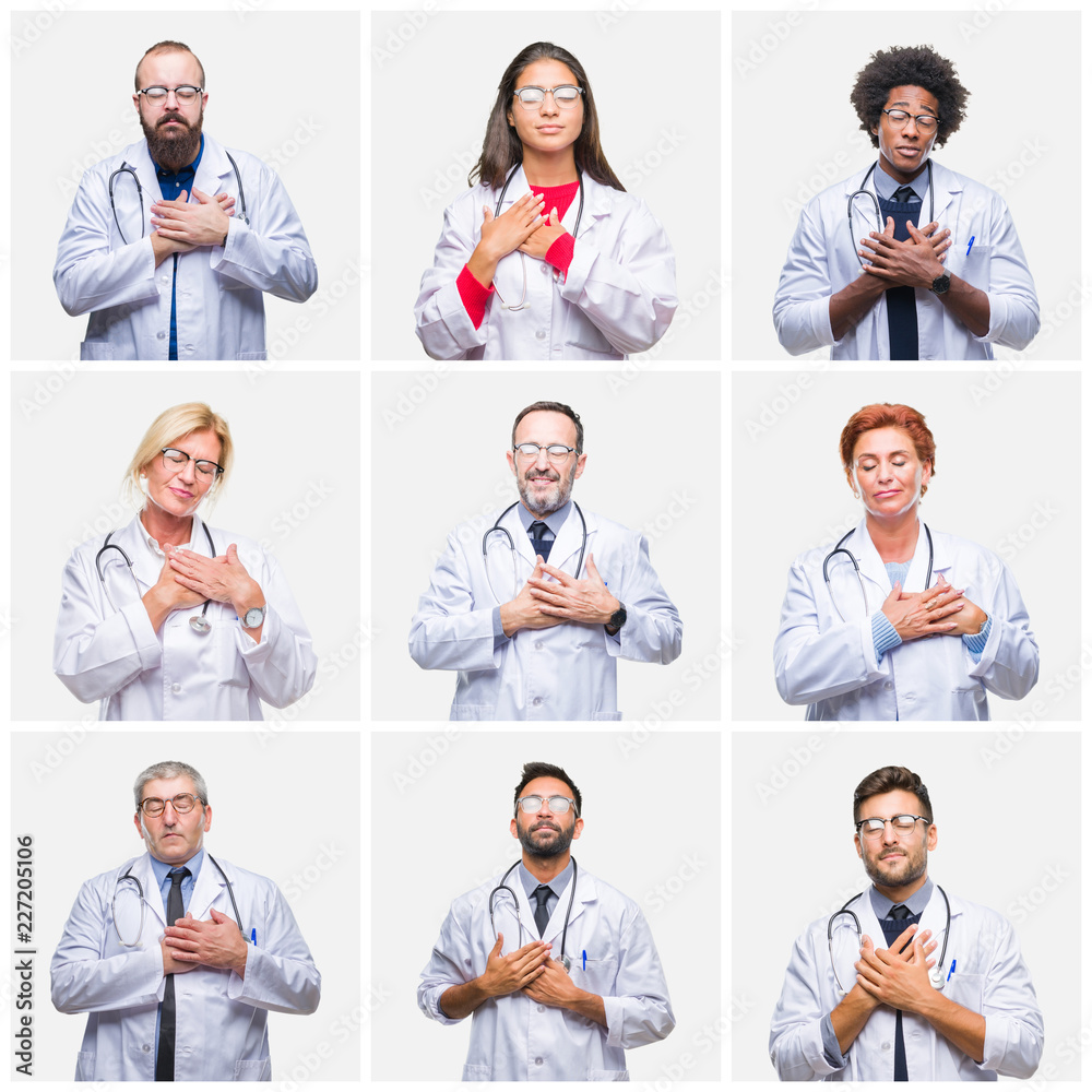 Collage of group of doctor people wearing stethoscope over isolated ...