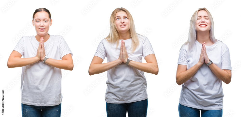 Collage of group of young women wearing white t-shirt over isolated ...