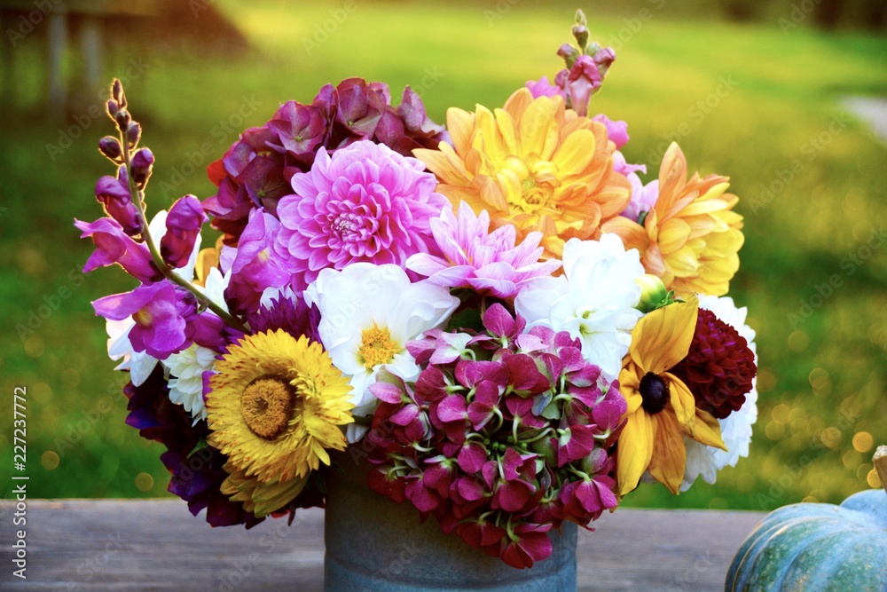 Grußkarte - Blumenstrauß mit Dahlien - Herbststrauß Stock-Foto | Adobe ...