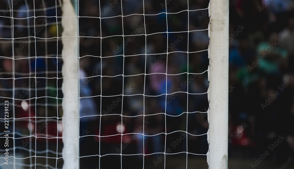 Soccer football net background over green grass and blurry stadium ...