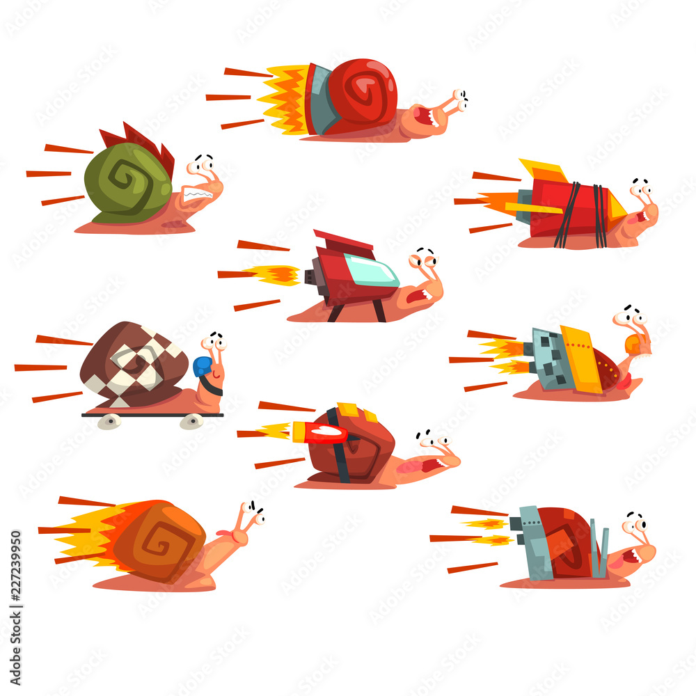 Fast snails set, funny cartoon mollusk characters with turbo rocket ... Fast snails set, funny cartoon mollusk characters with turbo rocket ...