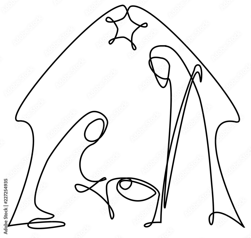 Nativity scene with Holy Family one line drawing Stock Vector | Adobe Stock