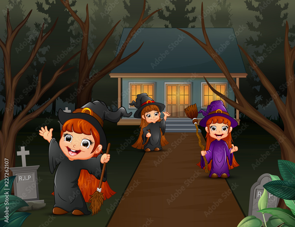 Cartoon three long haired witch children Stock Vector | Adobe Stock