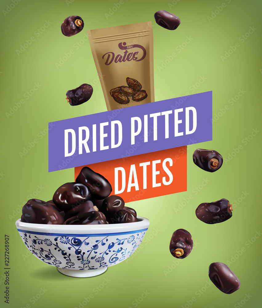 Dried dates ads. Vector realistic illustration of dried dates in a bowl ...