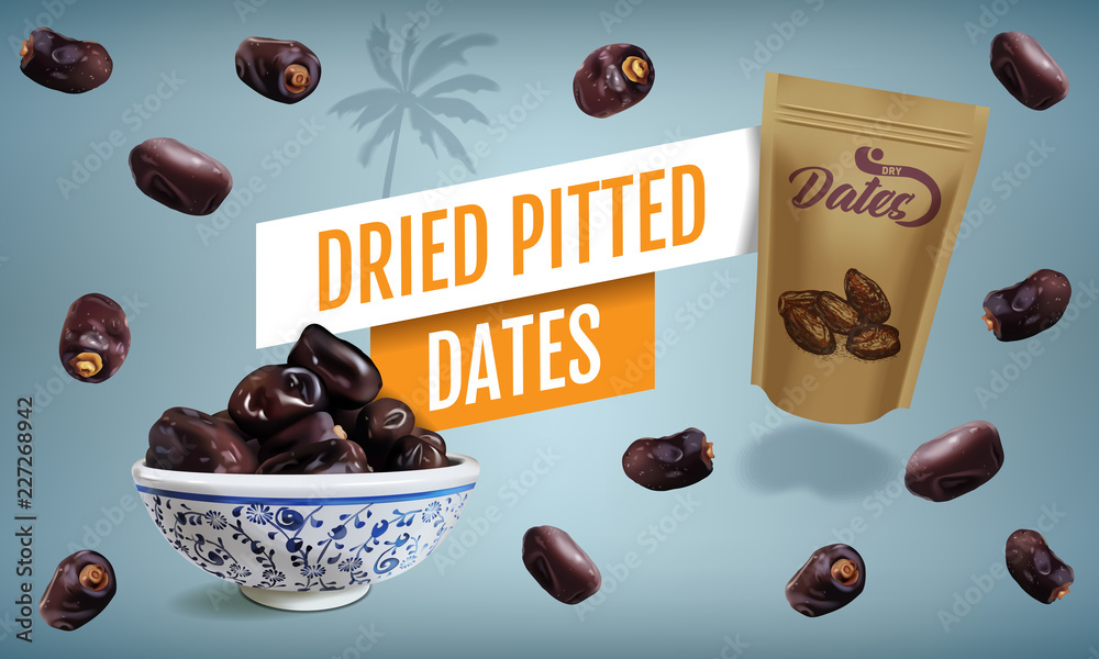 Dried dates ads. Vector realistic illustration of dried dates in a bowl ...