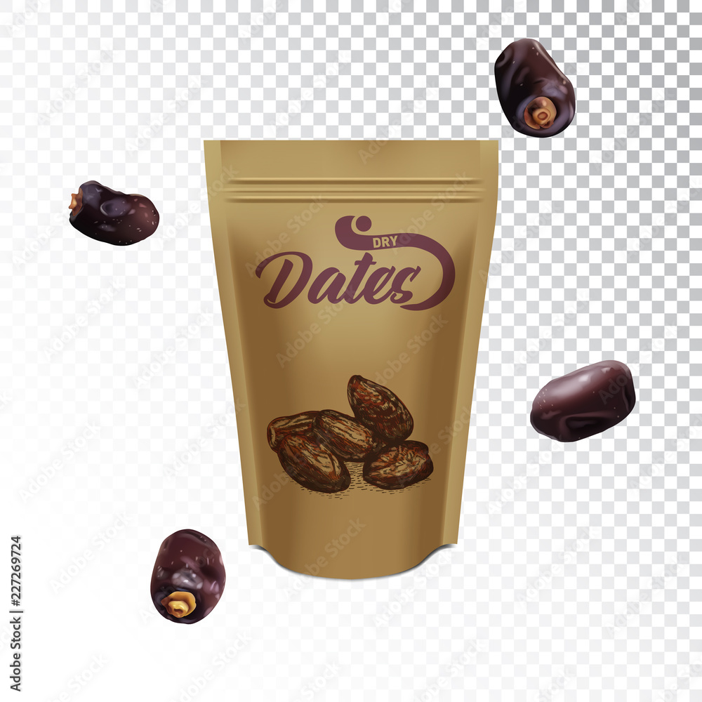Packaging mockup of dried dates. Vector realistic illustration of ...