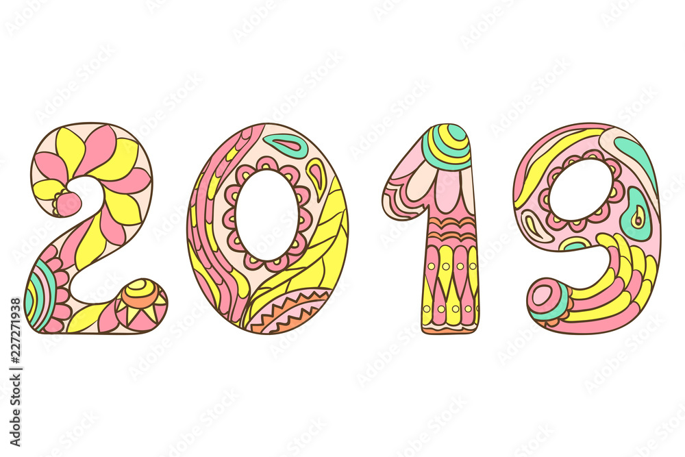 Numbers 2019. Happy New Year. Hand drawn signs with abstract patterns ...