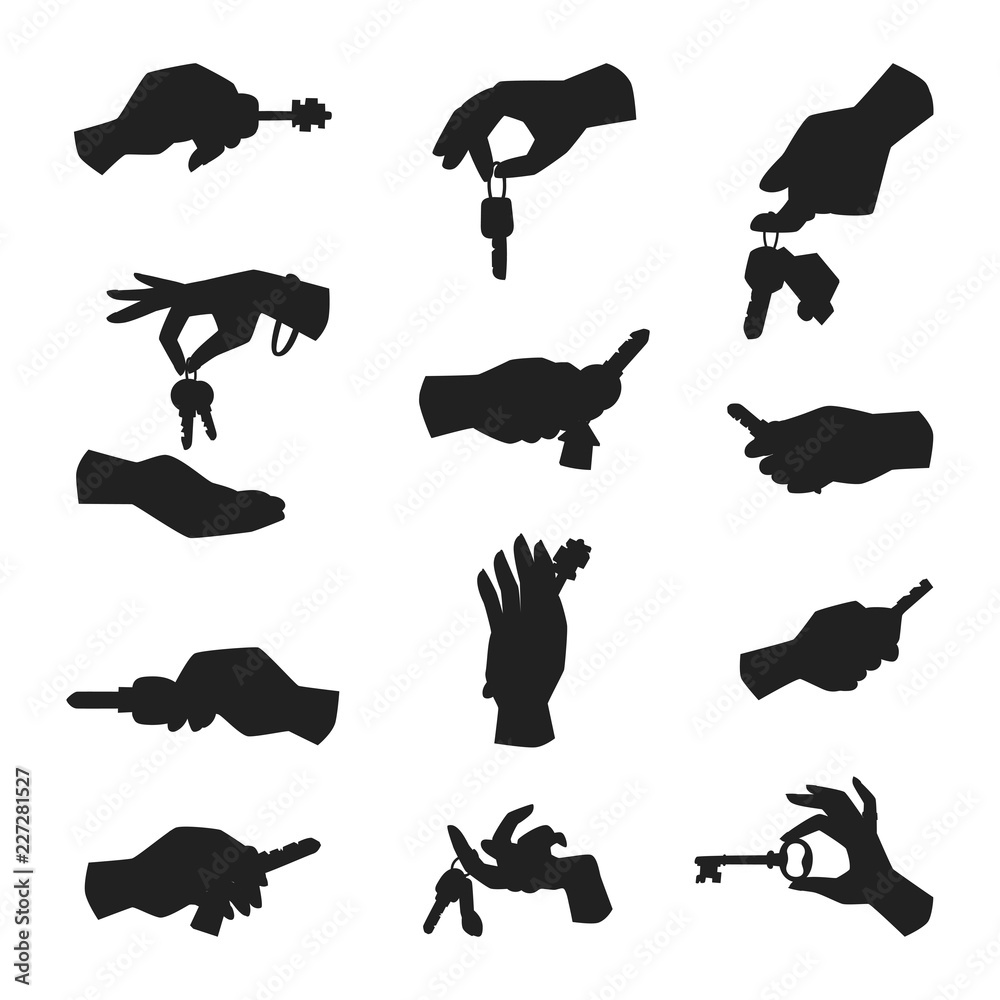 Hand holding key vector silhouette apartment selling human gesture sign ...