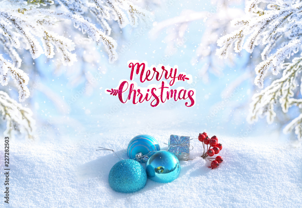 Winter Christmas scenic colorful greeting card, inscription Merry ...