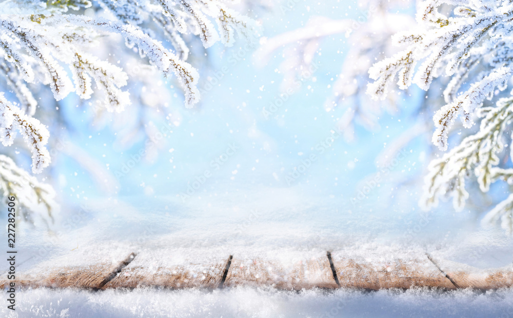 Winter colorful christmas scenic blue background with copy space ...