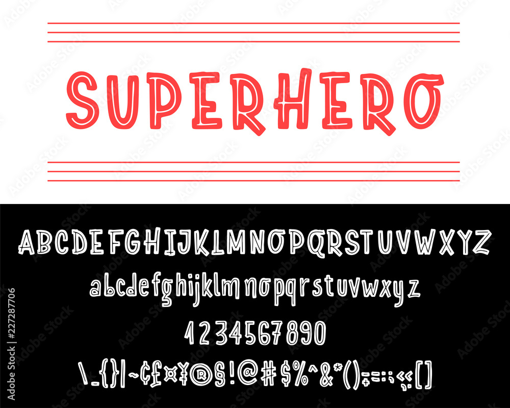 SuperHero font. Hand drawn typeface set isolated on white. Vector logo ...