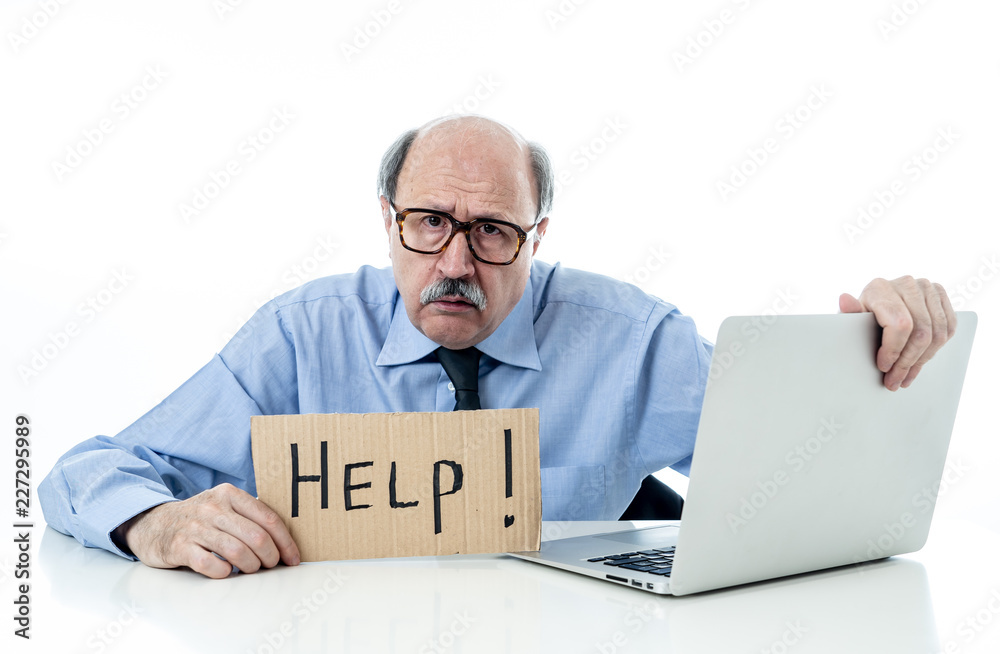 Portrait os senior businessman asking for help isolated on white ...