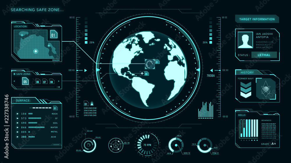 UI interface, earth globe, control center, command, game, vector with graphs Stock Vector ...