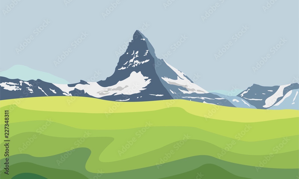 Mountain Matterhorn landscape. Glaciers on mountain, green valley, blue ...