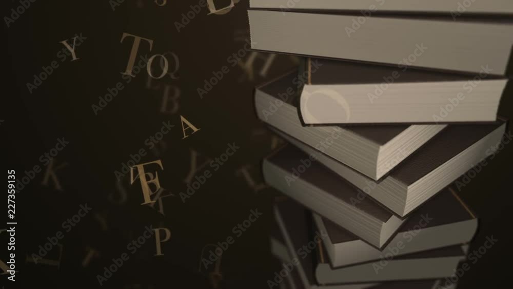 Animation rotation of stack of old books in library or home with flying ...
